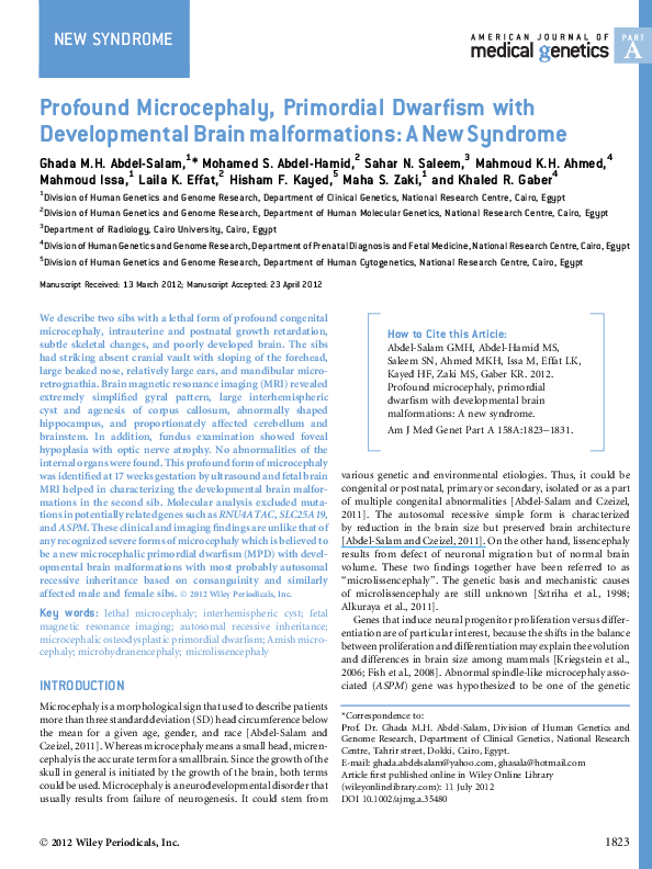 (PDF) Profound microcephaly, primordial dwarfism with developmental ...