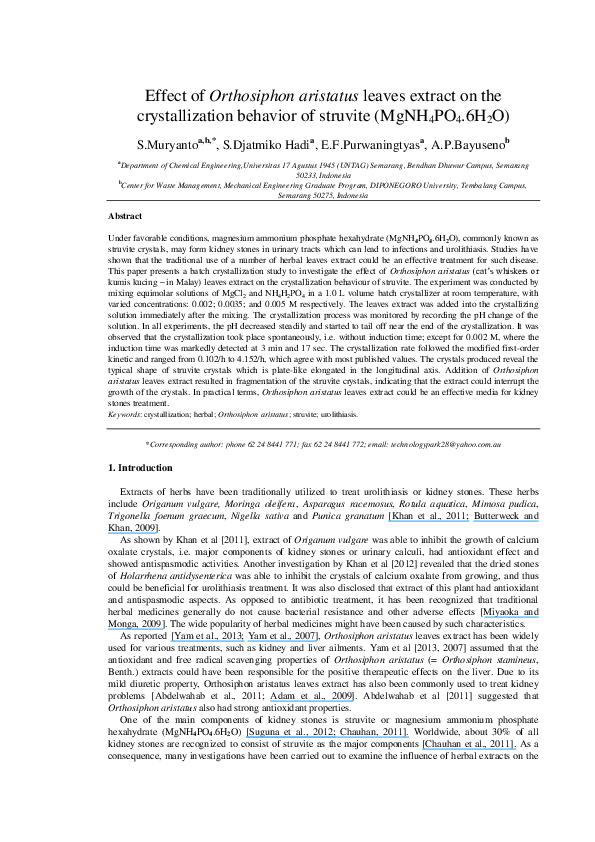 (PDF) Effect of Orthosiphon aristatus leaves extract on the ...