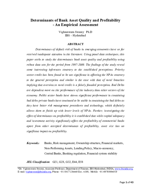 (PDF) Determinants of Bank Asset Quality and Profitability - An ...