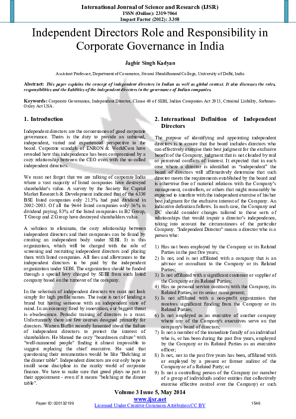 Pdf Independent Directors Role And Responsibility In Corporate 2451