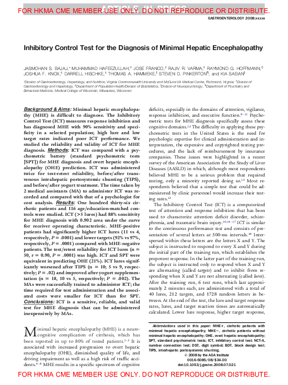 (PDF) Inhibitory Control Test for the Diagnosis of Minimal Hepatic ...