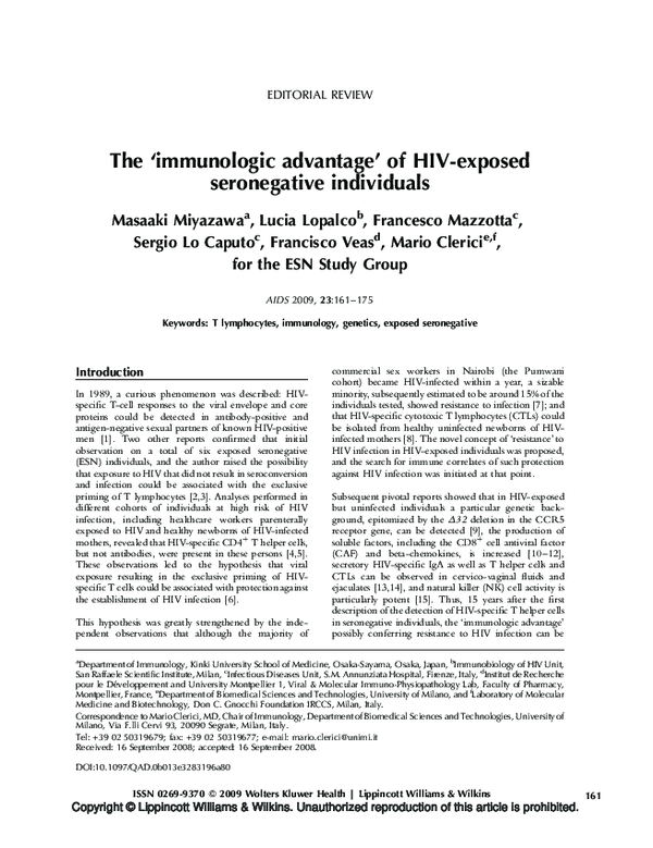 (PDF) The ‘immunologic advantage’ of HIV-exposed seronegative individuals