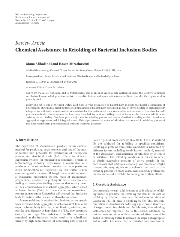 (PDF) Chemical assistance in refolding of bacterial inclusion bodies