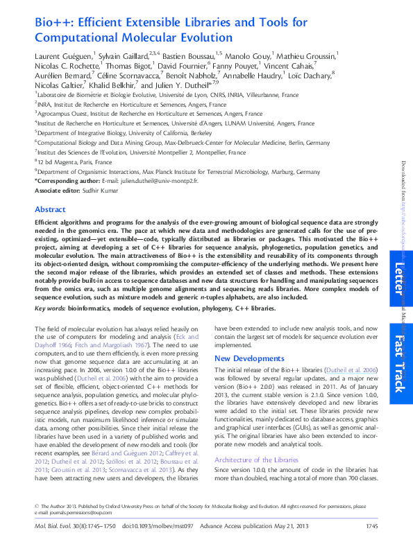(PDF) Bio++: Efficient Extensible Libraries and Tools for Computational Molecular Evolution