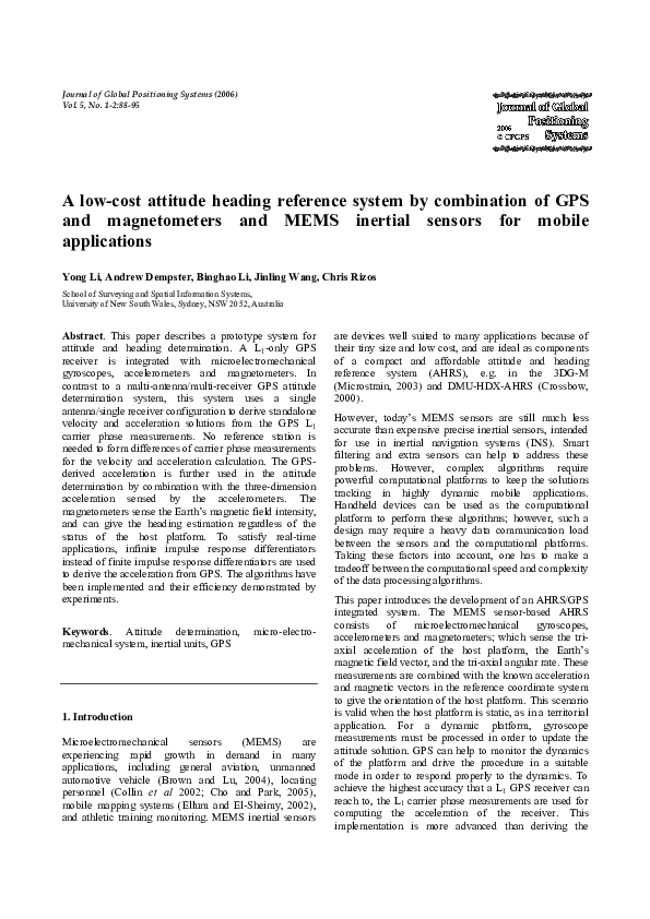 (PDF) A Low-cost Attitude Heading Reference System by Combination of GPS and Magnetometers and ...