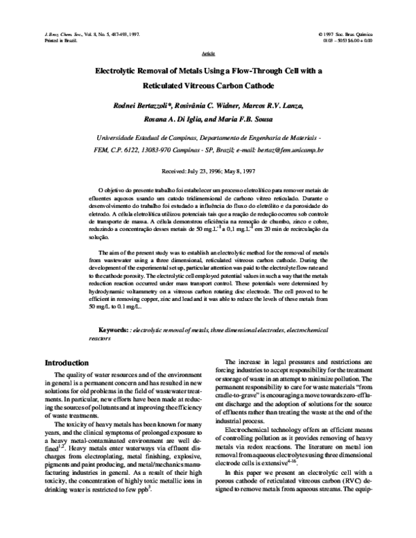 (PDF) Electrolytic removal of metals using a flow-through cell with a ...