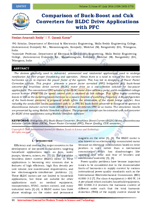 (PDF) Comparison of Buck-Boost and Cuk Converters for BLDC Drive Applications with PFC