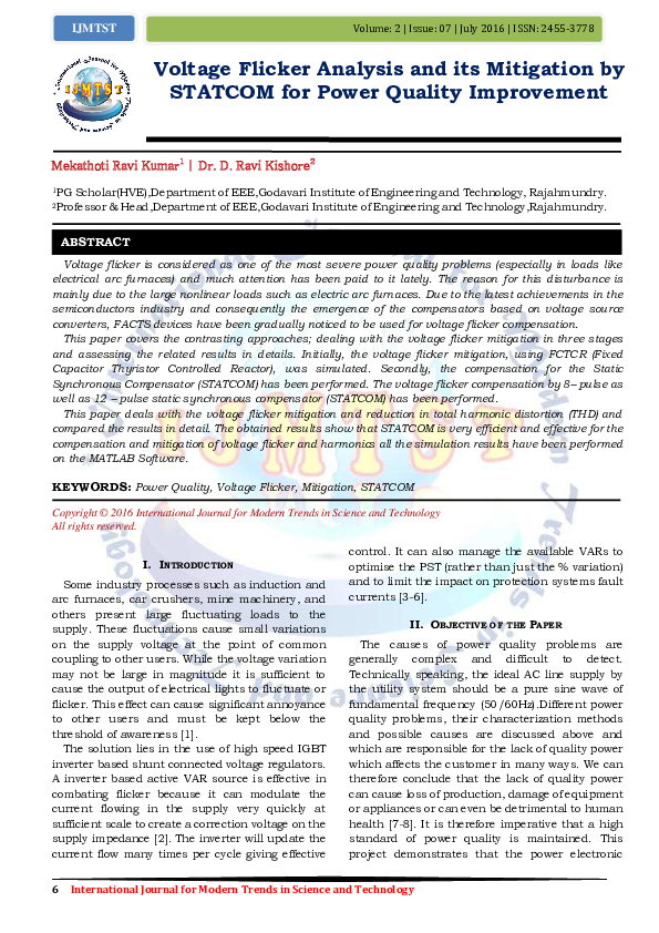 Pdf Voltage Flicker Analysis And Its Mitigation By Statcom For Power
