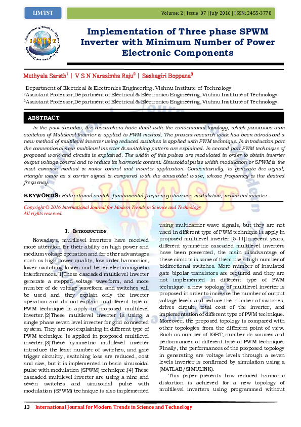 Pdf Implementation Of Three Phase Spwm Inverter With Minimum Number Of Power Electronic Components