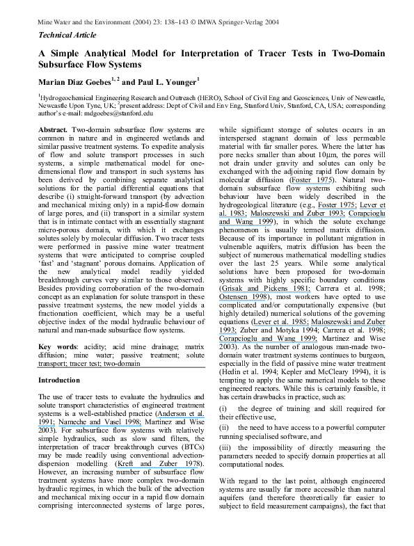(PDF) A Simple Analytical Model for Interpretation of Tracer Tests in ...