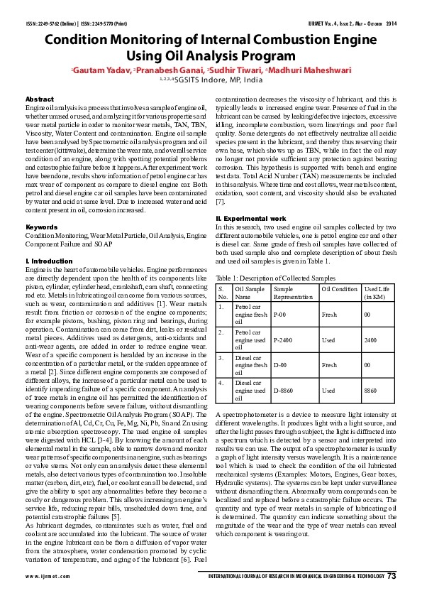 (PDF) Condition Monitoring of Internal Combustion Engine Using Oil ...