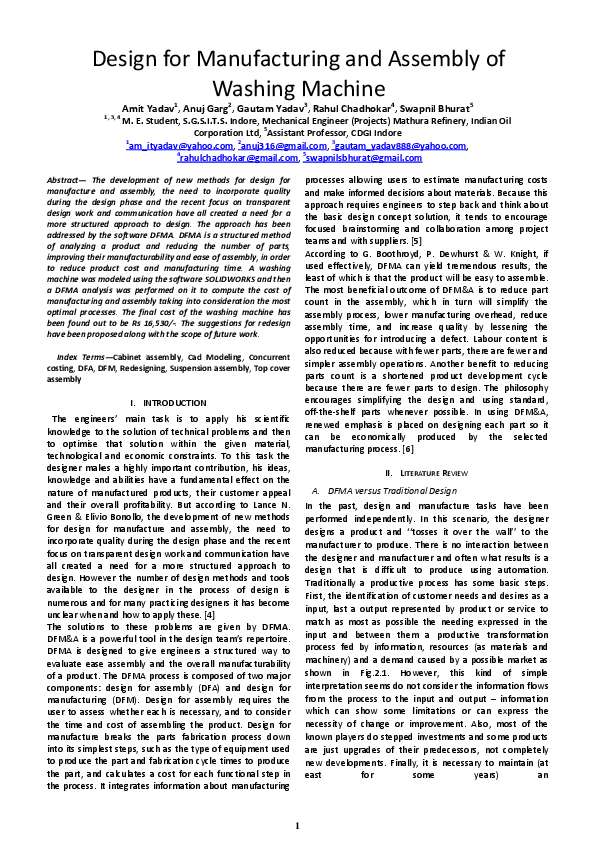 (PDF) Design for Manufacturing and Assembly of Washing Machine