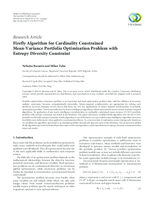 (PDF) Firefly Algorithm for Cardinality Constrained Mean-Variance Portfolio Optimization Problem ...
