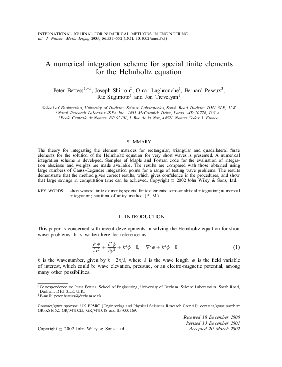 Pdf A Numerical Integration Scheme For Special Finite Elements For The Helmholtz Equation