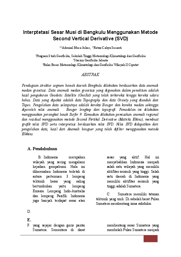 (DOC) Interpretasi Sesar Musi di Bengkulu Menggunakan Metode Second Vertical Derivative (Fault ...