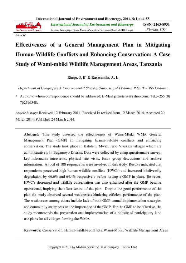 (PDF) Effectiveness of a General Management Plan in Mitigating Human ...