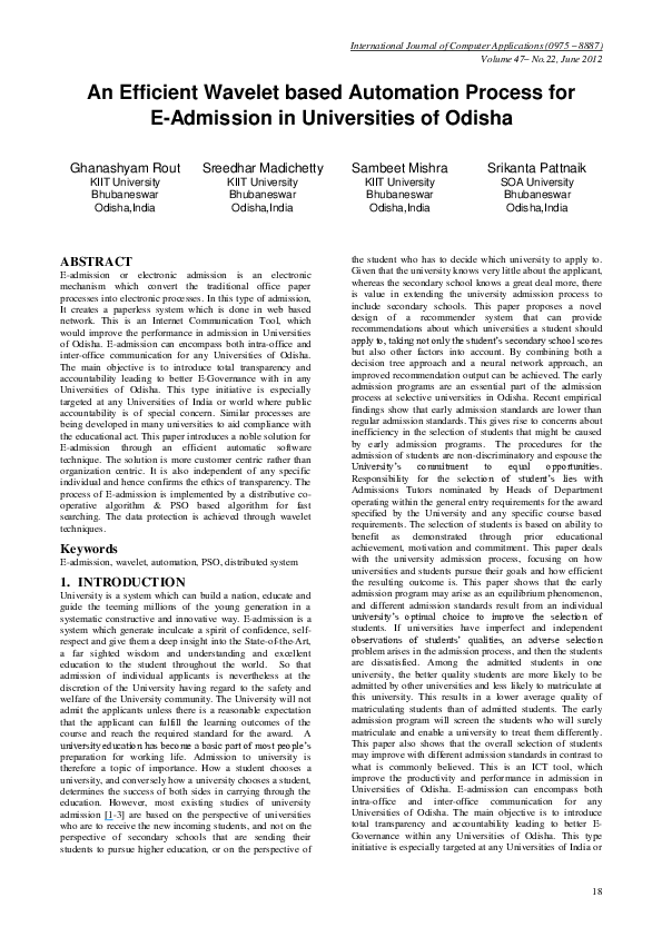 (PDF) An Efficient Wavelet based Automation Process for E-Admission in Universities of Odisha