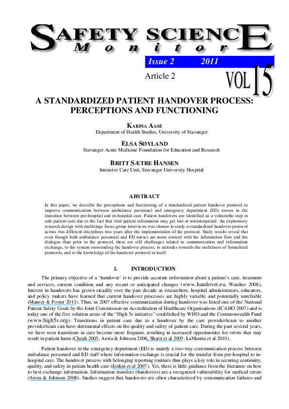 (PDF) A Standardized Patient Handover Process: Perceptions and Functioning