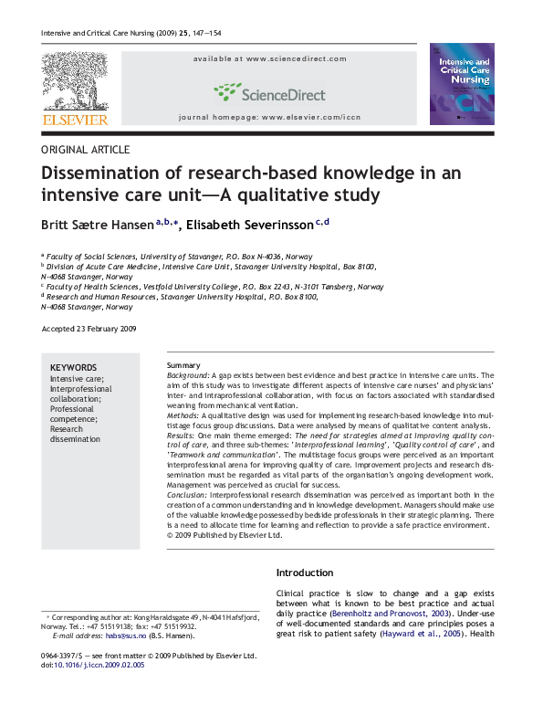 (PDF) Dissemination of research-based knowledge in an intensive care ...