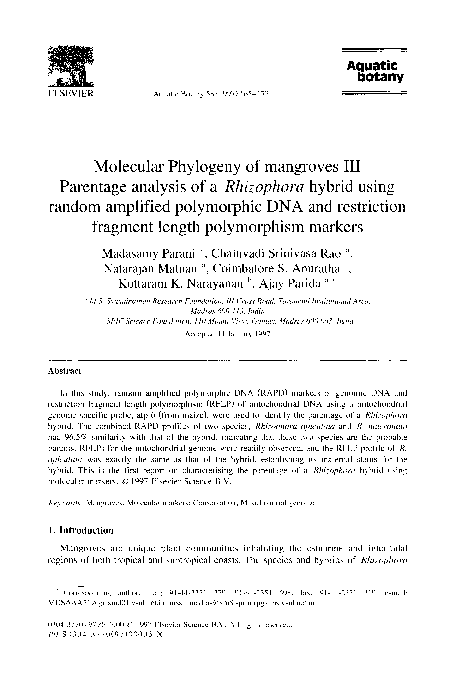 (PDF) Molecular Phylogeny of mangroves III Parentage analysis of a Rhizophora hybrid using ...