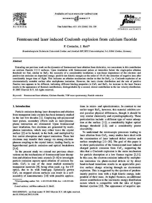 (PDF) Femtosecond laser induced Coulomb explosion from calcium fluoride