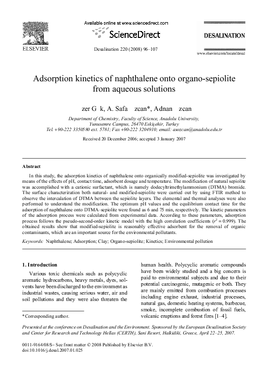 (PDF) Adsorption kinetics of naphthalene onto organo-sepiolite from aqueous solutions