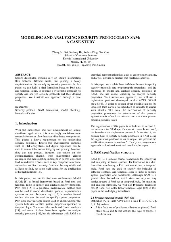 (PDF) Modeling and analyzing security protocols in SAM: A case study