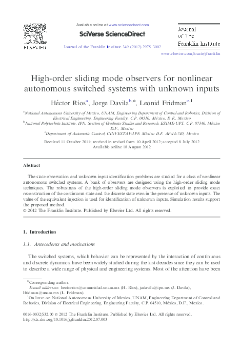 Pdf High Order Sliding Modes Observers For Linear Autonomous Switched Systems With Unknown Inputs