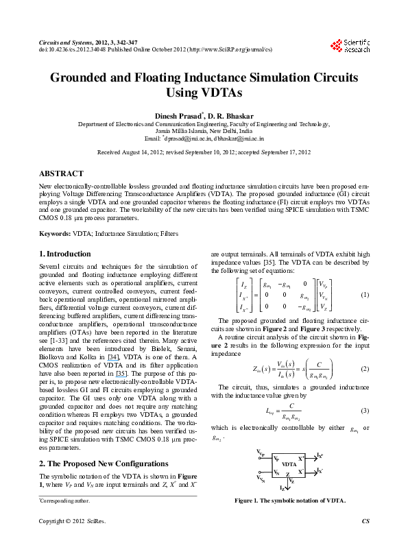 (PDF) Grounded and Floating Inductance Simulation Circuits Using VDTAs