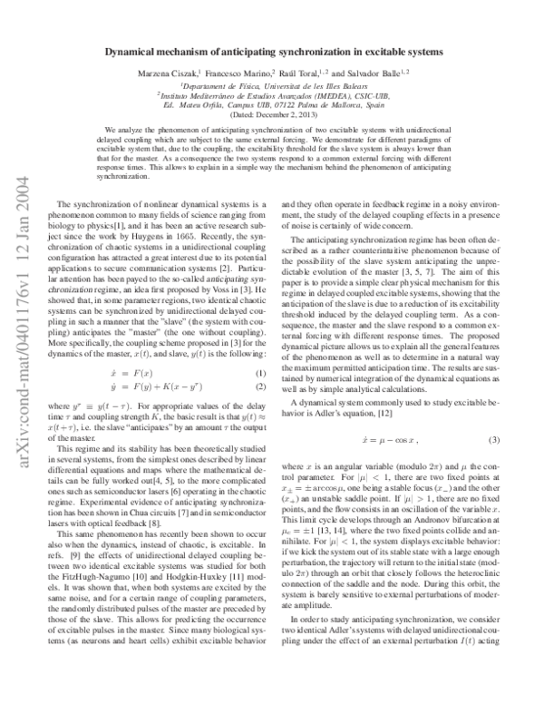 (PDF) Dynamical Mechanism of Anticipating Synchronization in Excitable Systems