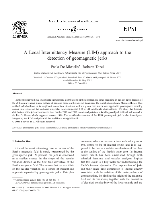 (PDF) A Local Intermittency Measure (LIM) approach to the detection of geomagnetic jerks