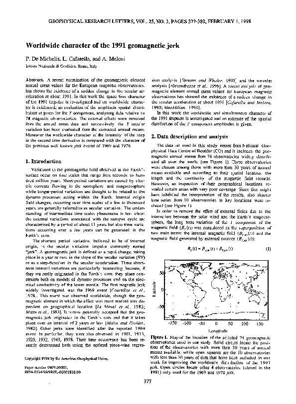 (PDF) Worldwide character of the 1991 geomagnetic jerk