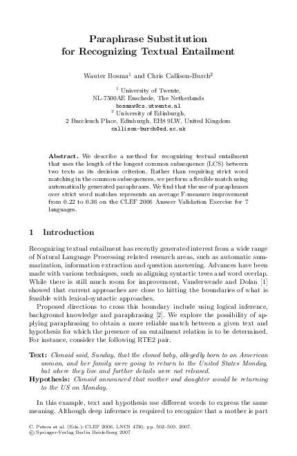 (PDF) Paraphrase Substitution for Recognizing Textual Entailment