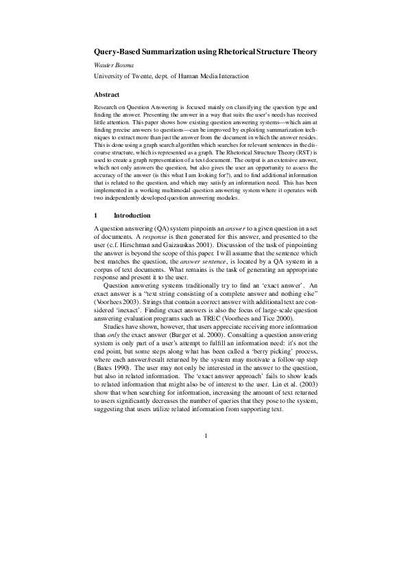 (PDF) Query-Based Summarization using Rhetorical Structure Theory