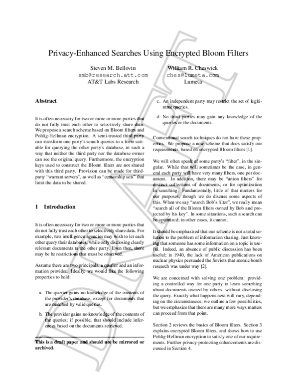 (PDF) Privacy-enhanced searches using encrypted Bloom lters | William ...