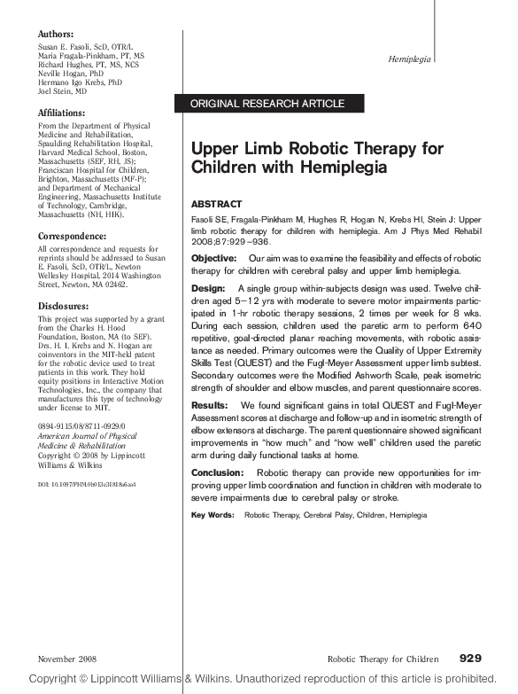 (PDF) Upper Limb Robotic Therapy for Children with Hemiplegia | Maria ...