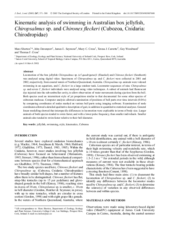 (PDF) Swimming Kinematics in Box Jellyfish Species