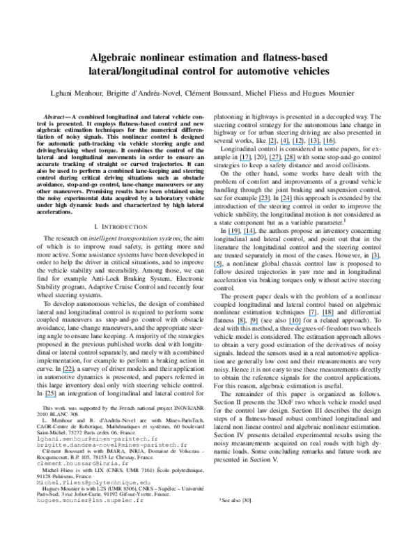 (PDF) Algebraic nonlinear estimation and flatness-based lateral/longitudinal control for ...