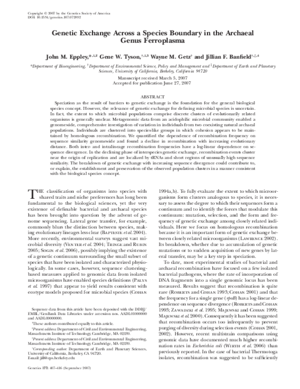 (PDF) Genetic Exchange Across a Species Boundary in the Archaeal Genus ...