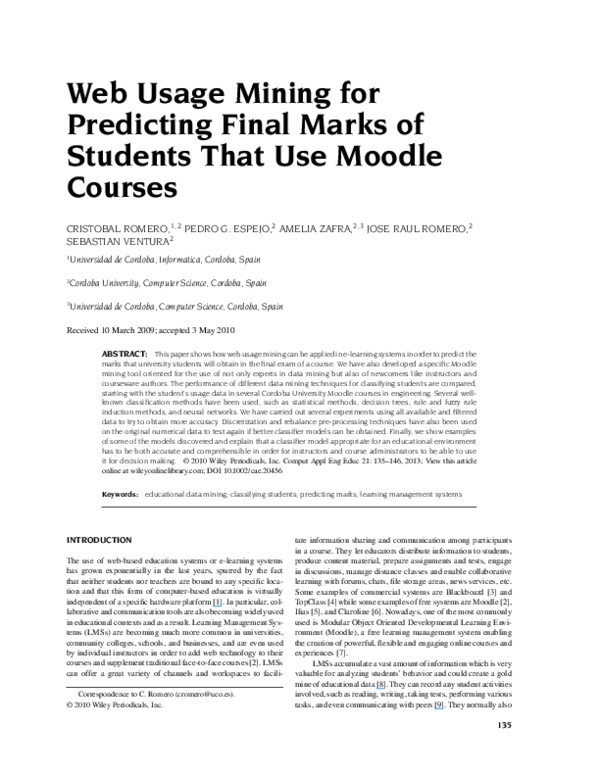 (PDF) Web usage mining for predicting final marks of students that use Moodle courses