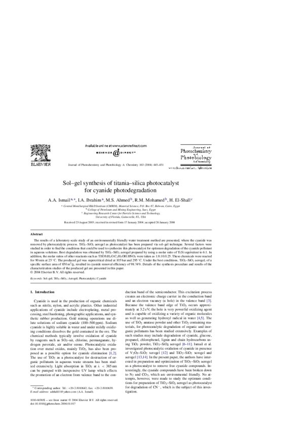 (PDF) Sol–gel synthesis of titania–silica photocatalyst for cyanide photodegradation