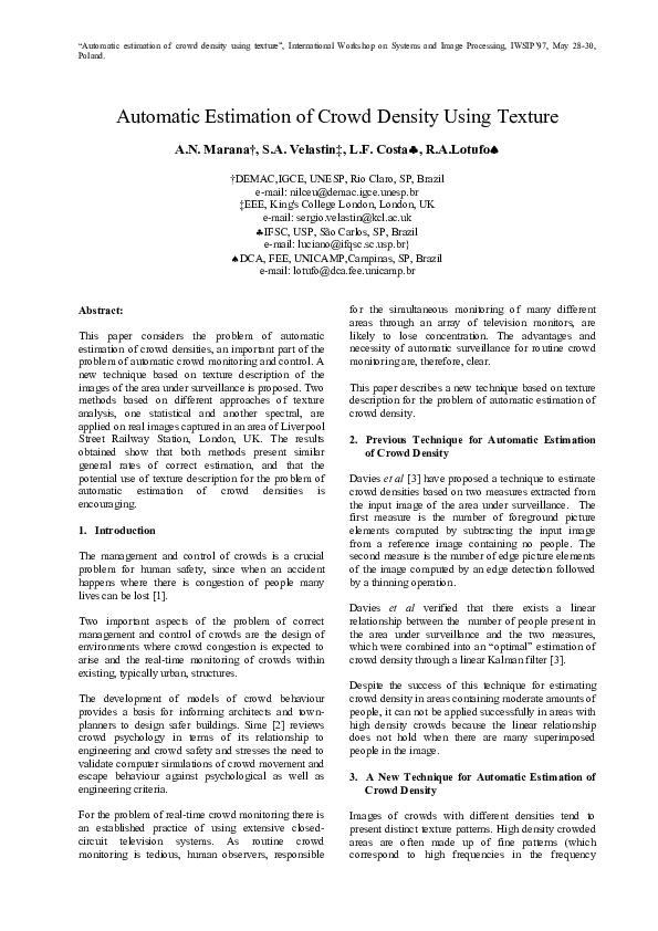 (PDF) Automatic estimation of crowd density using texture