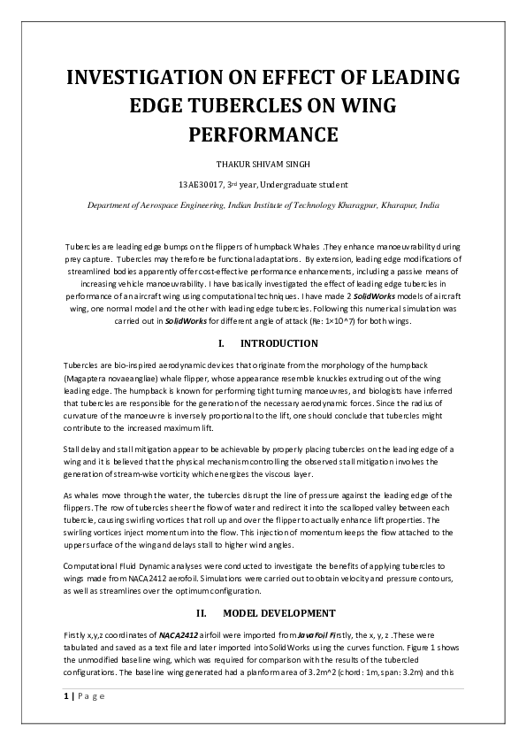 (PDF) INVESTIGATION ON EFFECT OF LEADING EDGE TUBERCLES ON WING PERFORMANCE