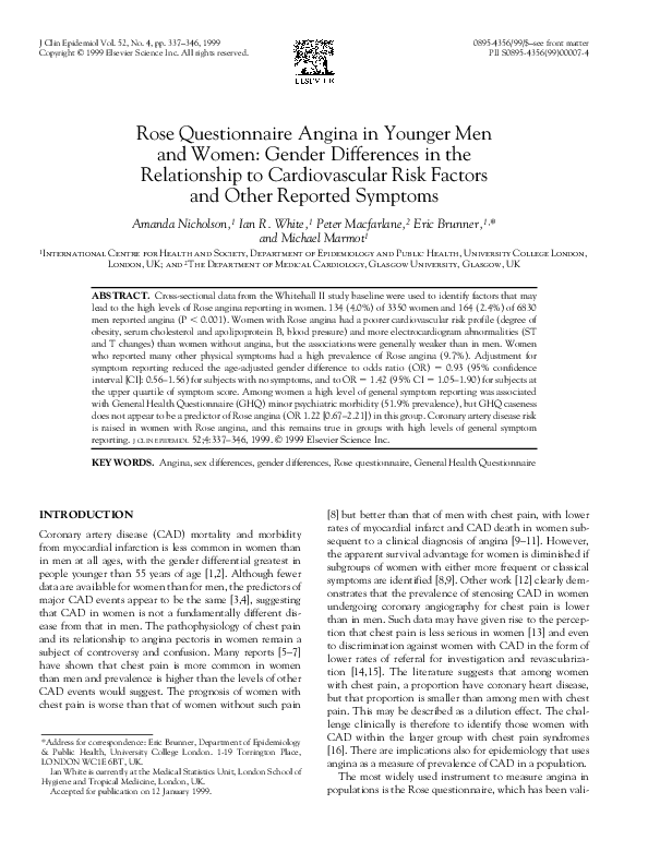 (PDF) Rose Questionnaire Angina in Younger Men and Women