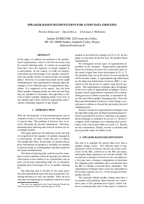 (PDF) Speaker-Based Segmentation for Audio Data Indexing