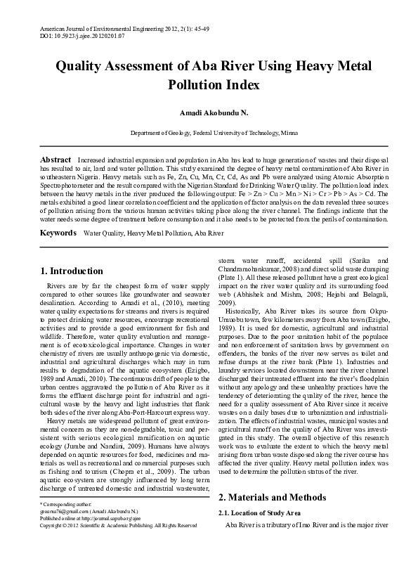 (PDF) Quality Assessment of Aba River Using Heavy Metal Pollution Index