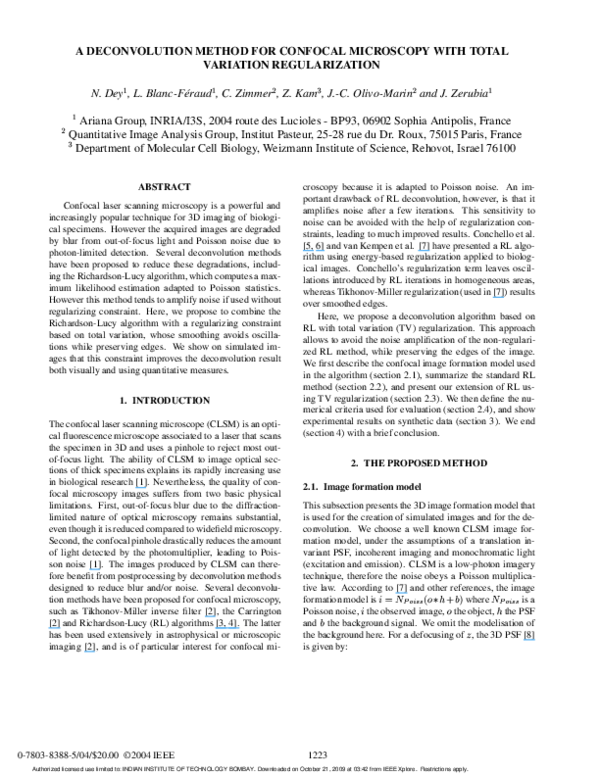 (PDF) A Deconvolution Method for Confocal Microscopy with Total Variation Regularization
