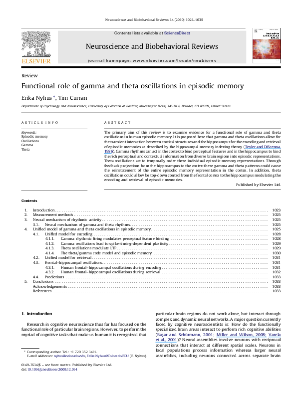(PDF) Functional role of gamma and theta oscillations in episodic memory