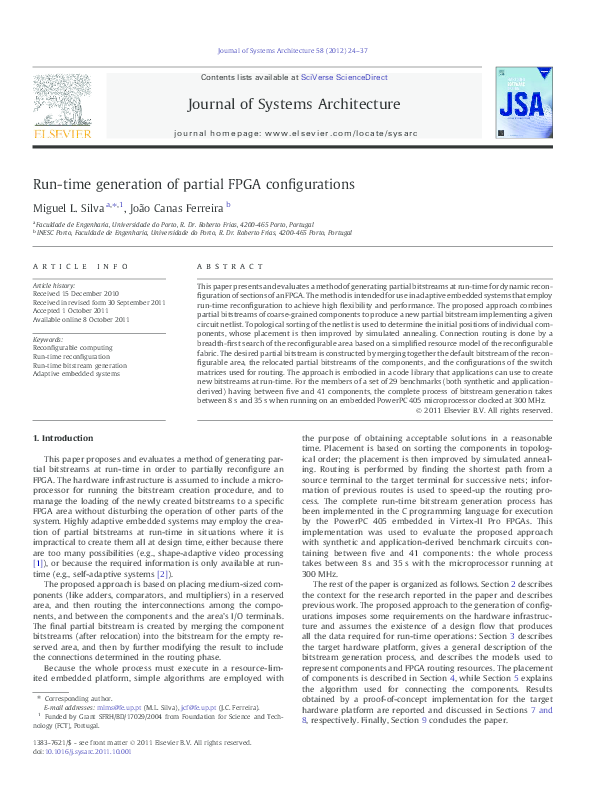 Pdf Run Time Generation Of Partial Fpga Configurations