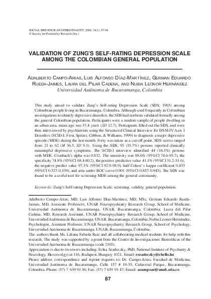 (PDF) VALIDATION OF ZUNG'S SELF-RATING DEPRESSION SCALE AMONG THE ...